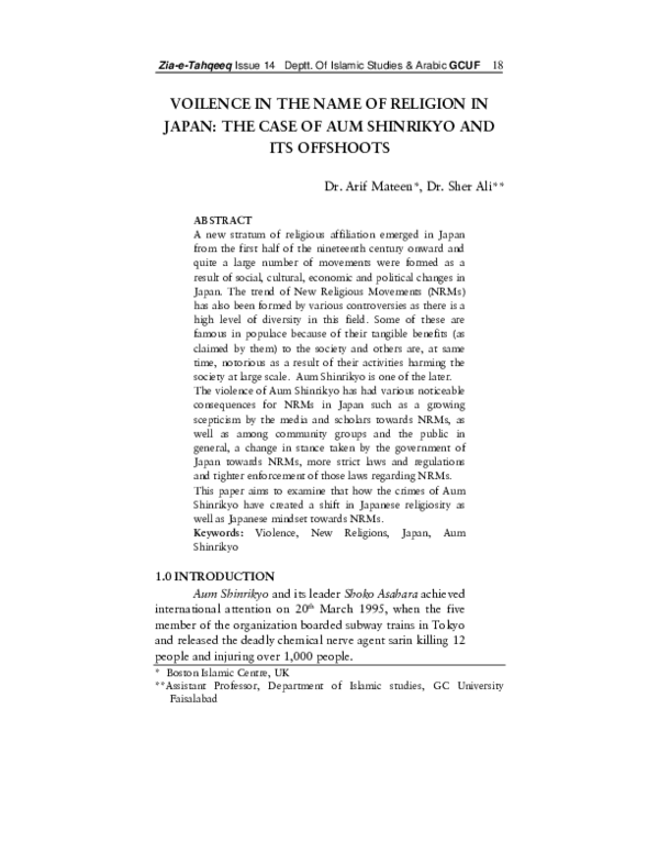 (PDF) VOILENCE IN THE NAME OF RELIGION IN JAPAN: THE CASE OF AUM ...