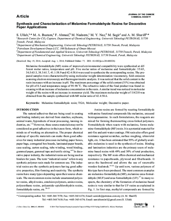 (PDF) Synthesis and characterization of melamine–formaldehyde rigid ...