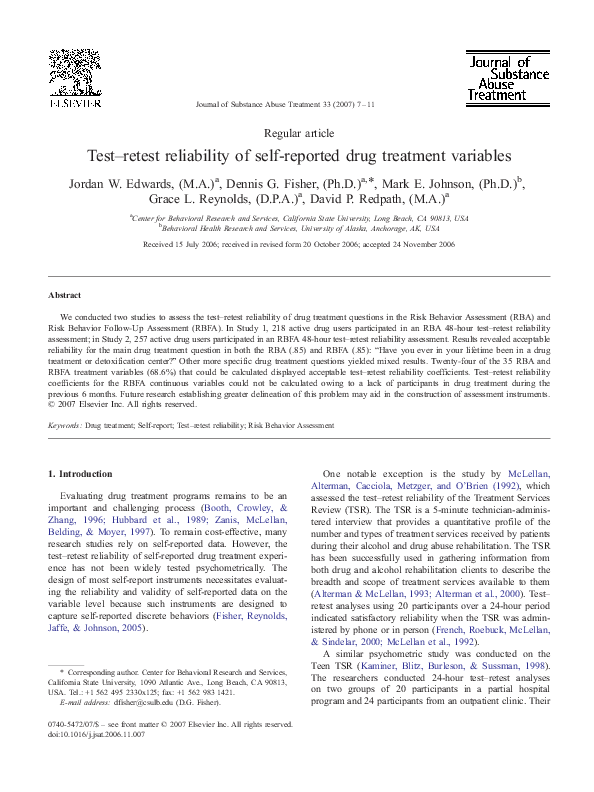 Pdf Test Retest Reliability Of Self Reported Drug Treatment Variables