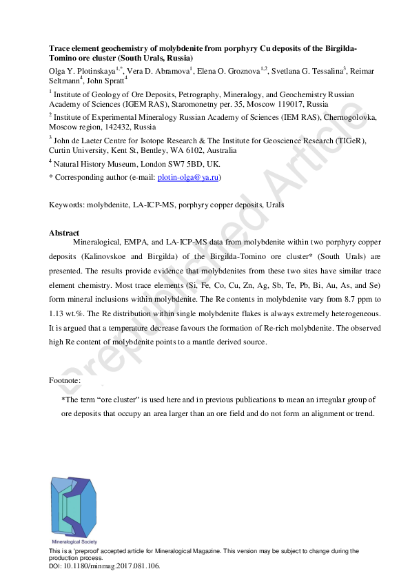 (PDF) Trace element geochemistry of molybdenite from the Shapinggou ...