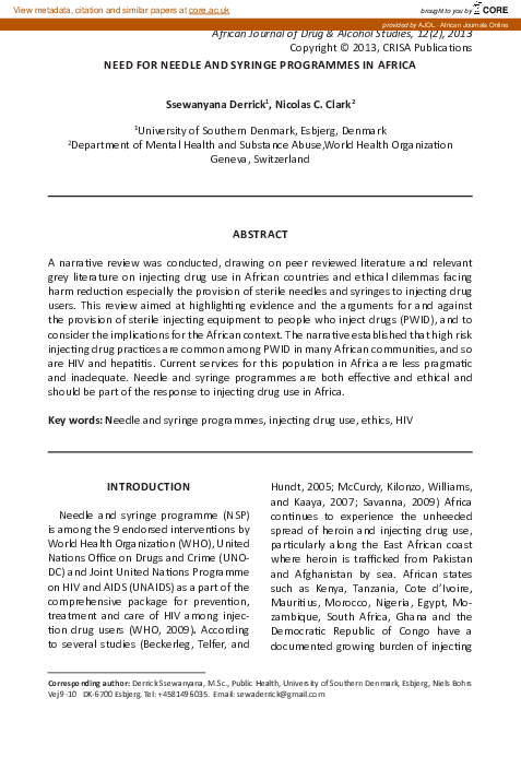 (PDF) Need for needle and syringe programmes in Africa