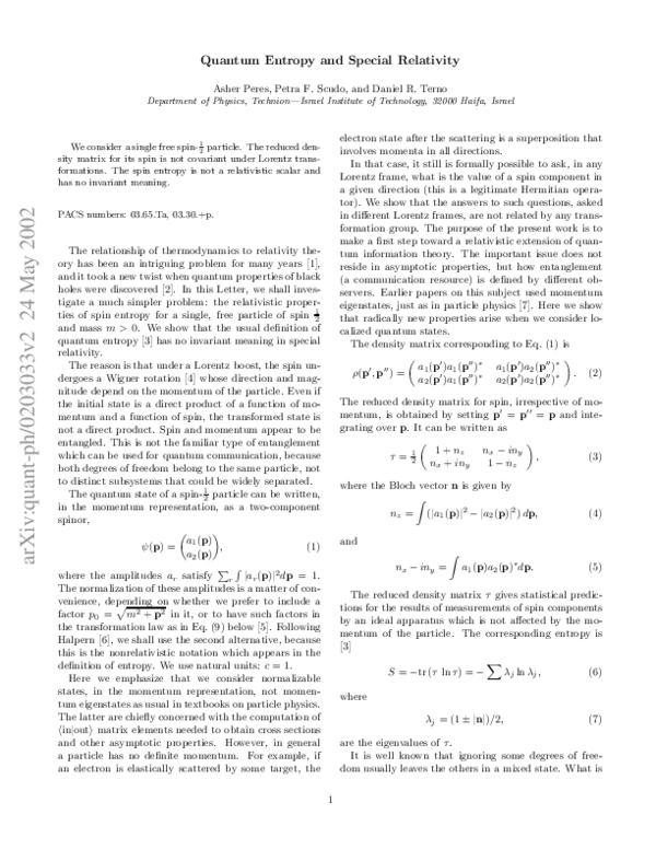 (PDF) Quantum Entropy and Special Relativity