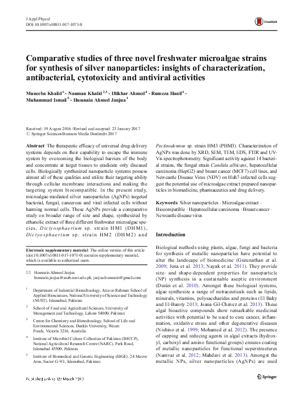(PDF) Comparative studies of three novel freshwater microalgae strains for synthesis of silver ...