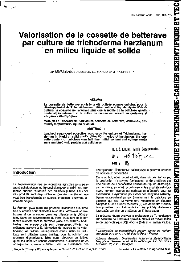 (PDF) Valorisation de la cossette de betterave par culture de ...