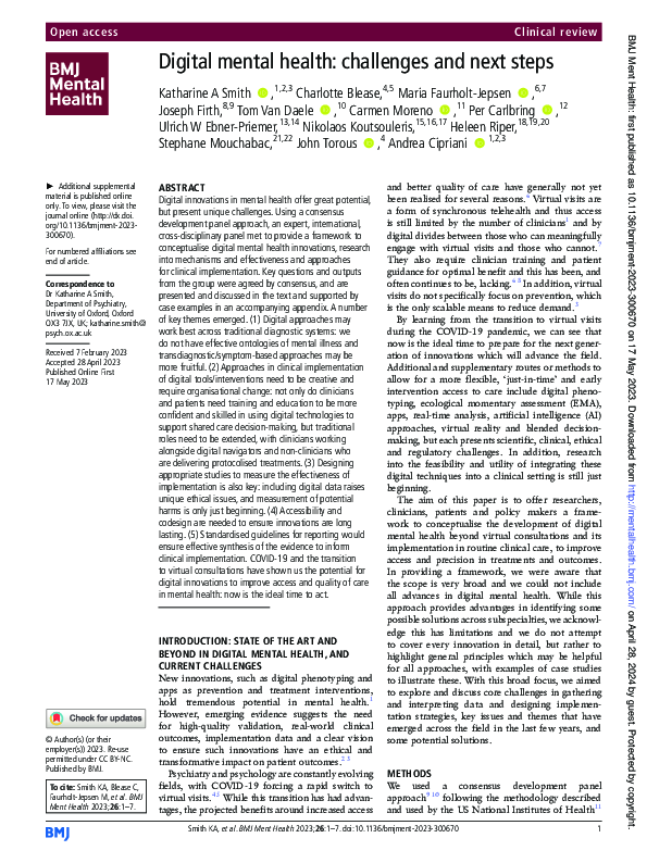 (PDF) Digital mental health: challenges and next steps