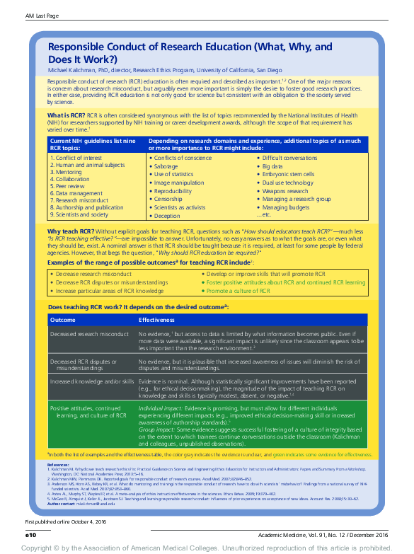 (PDF) Responsible Conduct of Research Education (What, Why, and Does It ...
