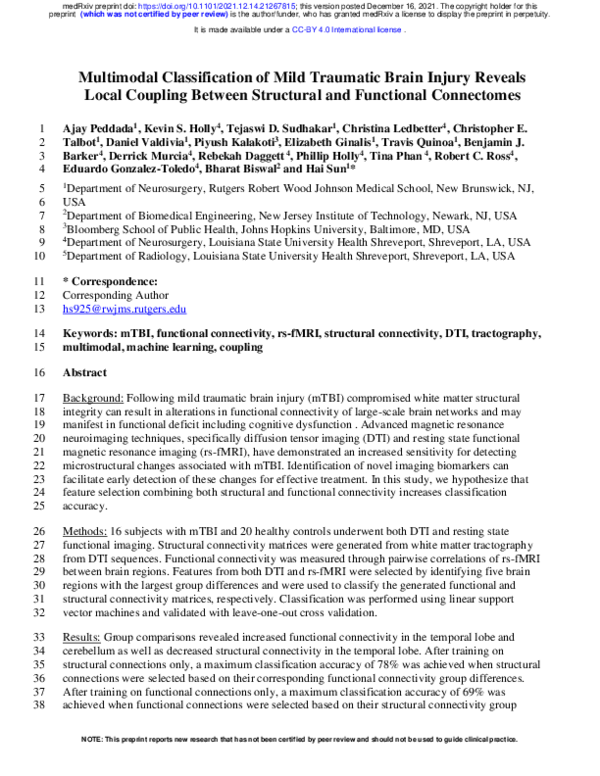 (PDF) Multimodal Classification of Mild Traumatic Brain Injury Reveals Local Coupling Between ...