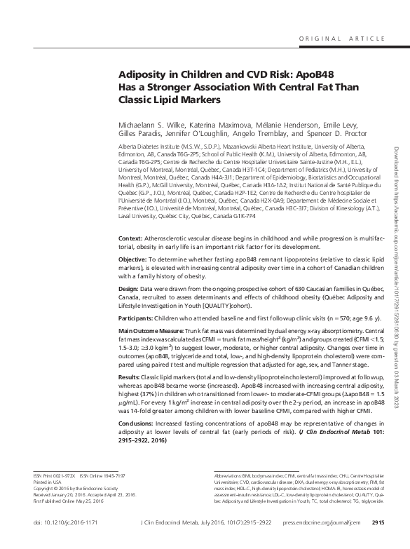 (PDF) Adiposity in Children and CVD Risk: ApoB48 Has a Stronger Association With Central Fat ...