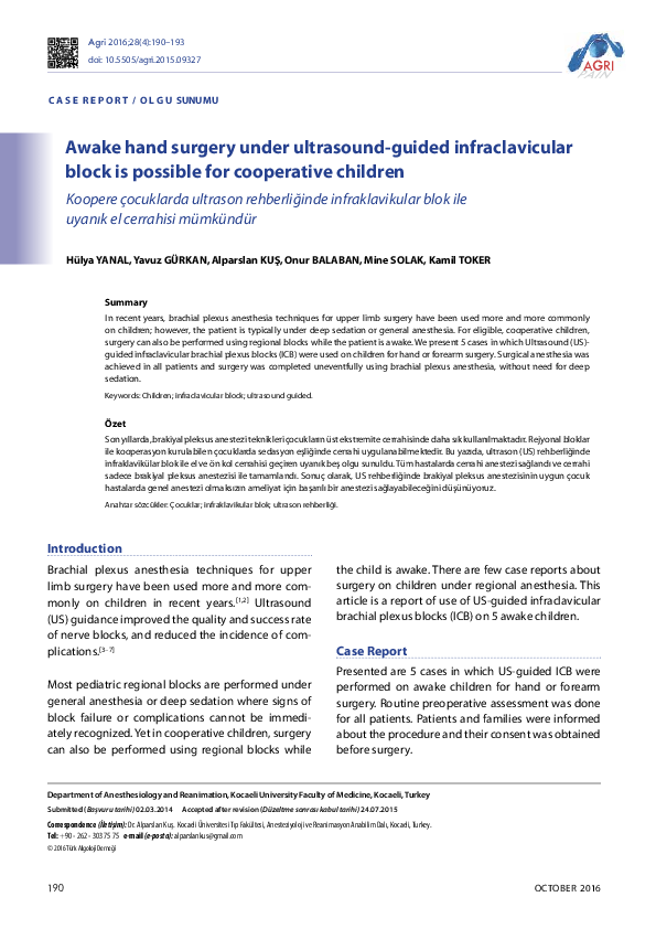 (PDF) Awake hand surgery under ultrasound guided infraclavicular block ...