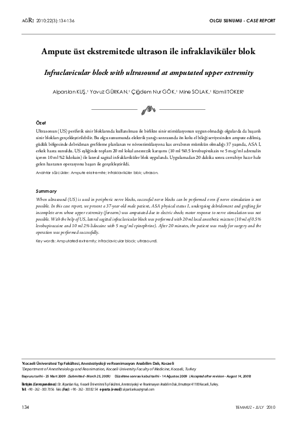 (PDF) Ampute üst ekstremitede ultrason ile infraklaviküler blok ...