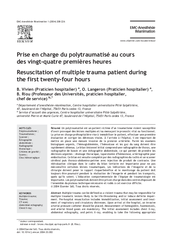 (PDF) Prise en charge du polytraumatisé au cours des vingt-quatre ...