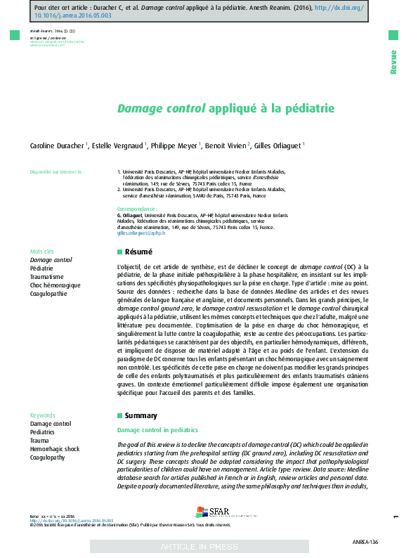 (PDF) Damage control appliqué à la pédiatrie