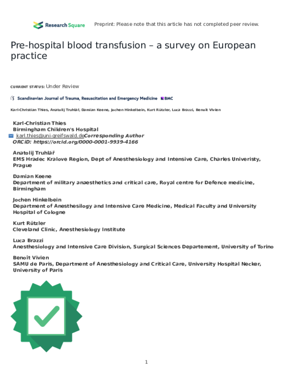(PDF) Pre-hospital blood transfusion – a survey on European practice ...