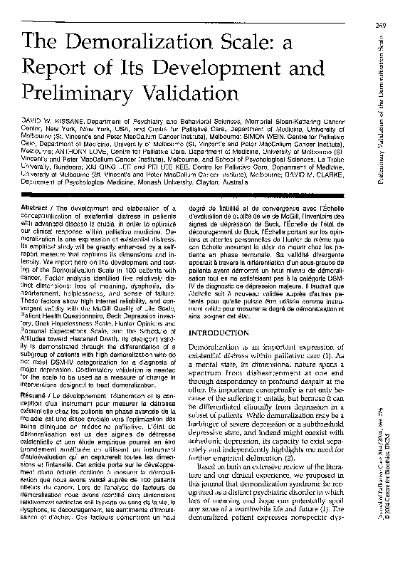 (PDF) The Demoralization Scale: A Report of its Development and ...