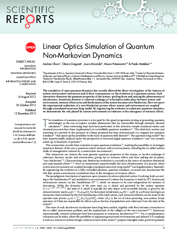 (PDF) Linear Optics Simulation of Quantum Non-Markovian Dynamics