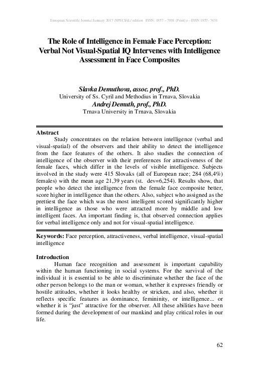 (PDF) The Role of Intelligence in Female Face Perception: Verbal ...