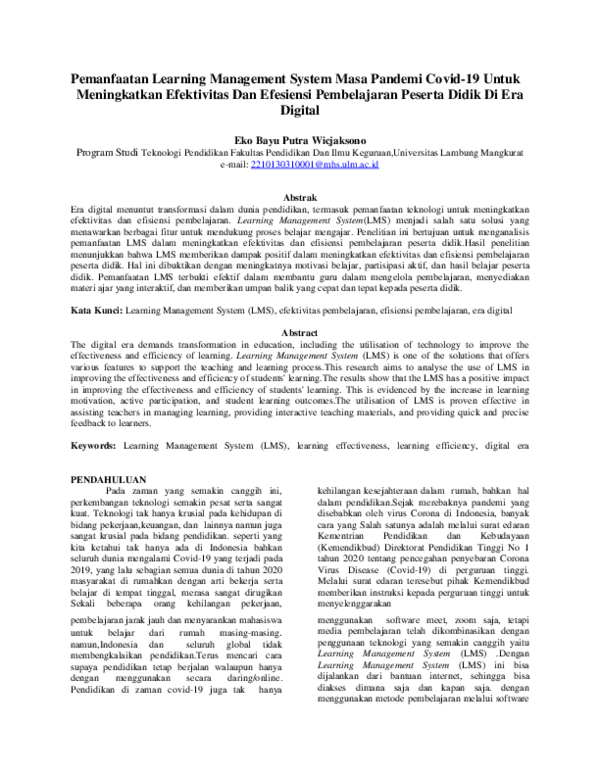 (PDF) Pemanfaatan Learning Management System Masa Pandemi Covid-19 Untuk Meningkatkan ...