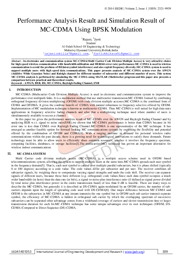 Pdf Performance Analysis Result And Simulation Result Of Mc Cdma
