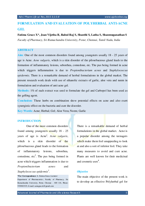 (PDF) Formulation and Evaluation of Polyherbal Anti-Acne Gel