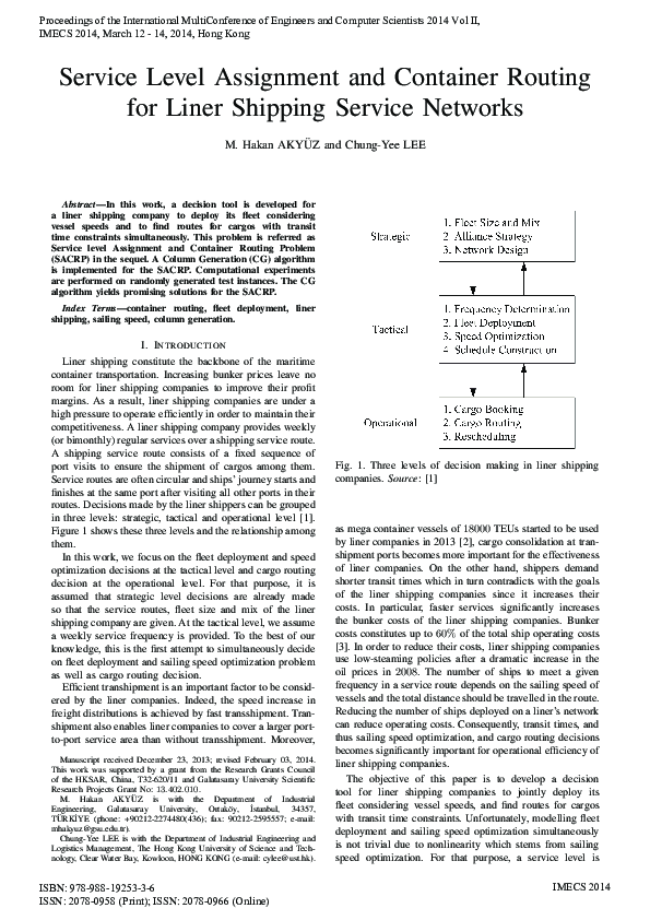 (PDF) Service Level Assignment and Container Routing for Liner Shipping Service Networks | hakan ...