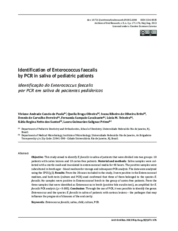 (PDF) Identification of Enterococcus faecalis by PCR in saliva of ...