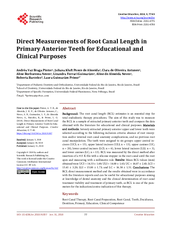 (PDF) Direct Measurements of Root Canal Length in Primary Anterior ...