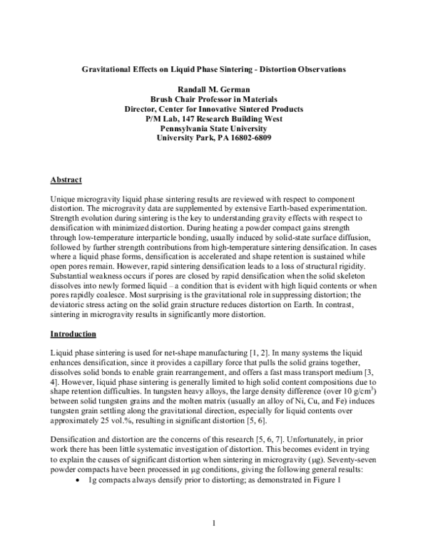 (PDF) Gravitational Effects on Liquid Phase Sintering-Distortion ...