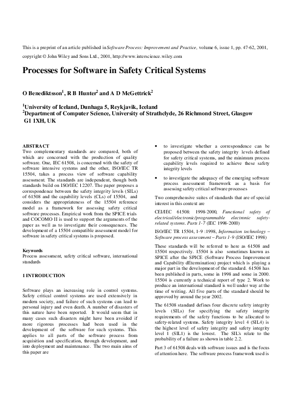 (PDF) Processes for software in safety critical systems
