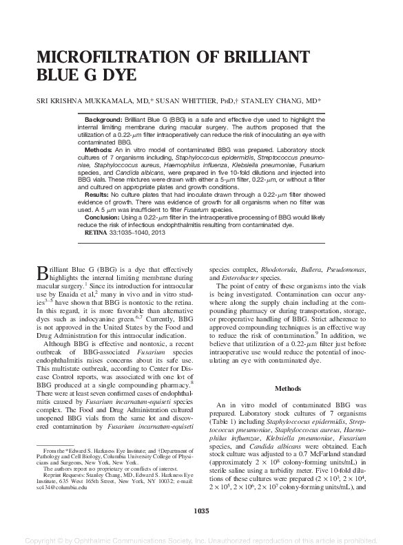 (PDF) Microfiltration of Brilliant Blue G Dye | Susan Whittier ...
