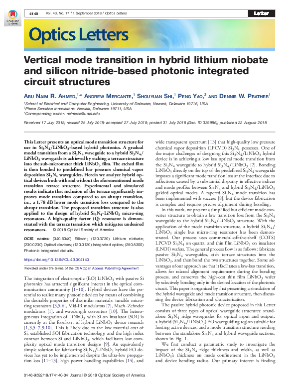 (PDF) Vertical mode transition in hybrid lithium niobate and silicon nitride-based photonic ...