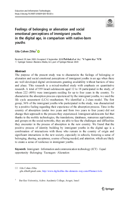 (PDF) Feelings of belonging or alienation and social emotional ...