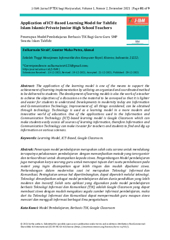 (PDF) Application of ICT-Based Learning Model for Tahfidz Islam Islamic Private Junior High ...