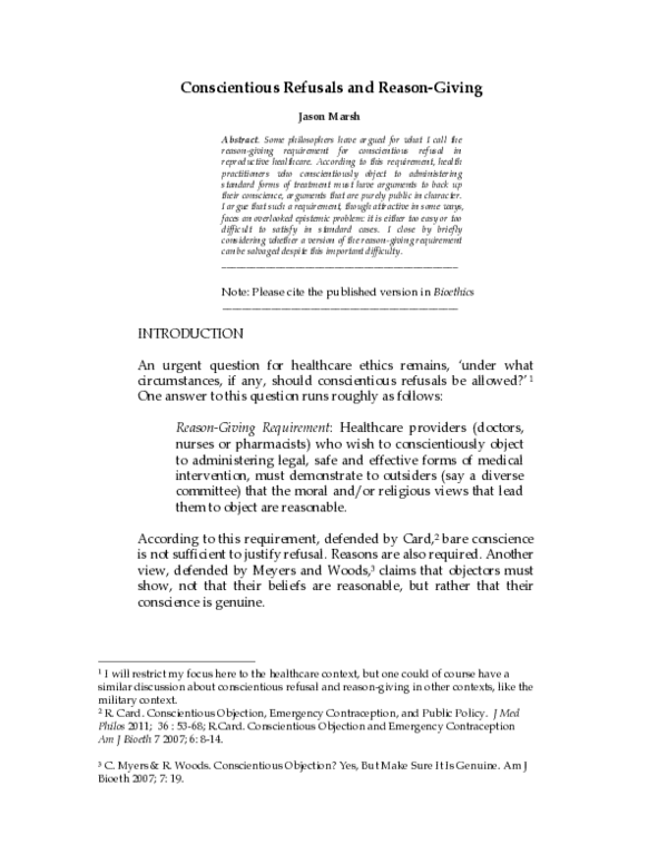 (PDF) Conscientious Refusals and Reason-Giving