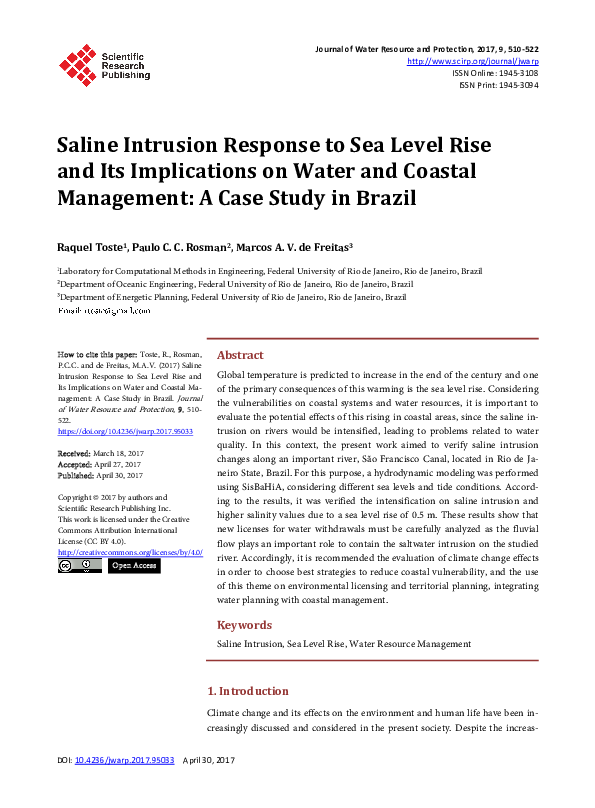 (PDF) Saline Intrusion Response to Sea Level Rise and Its Implications ...