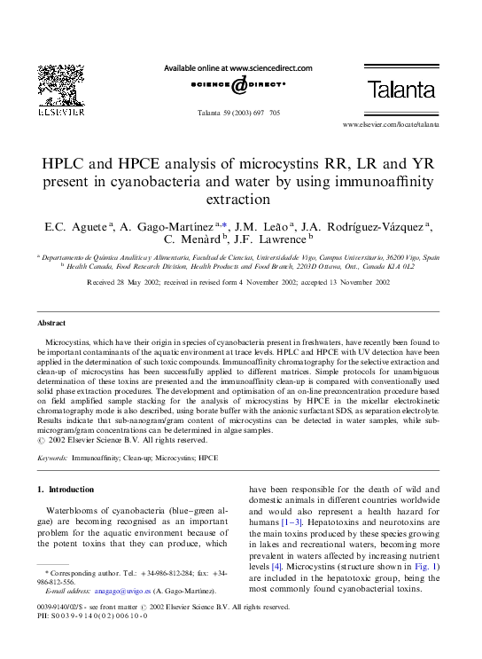 (PDF) HPLC and HPCE analysis of microcystins RR, LR and YR present in cyanobacteria and water by ...