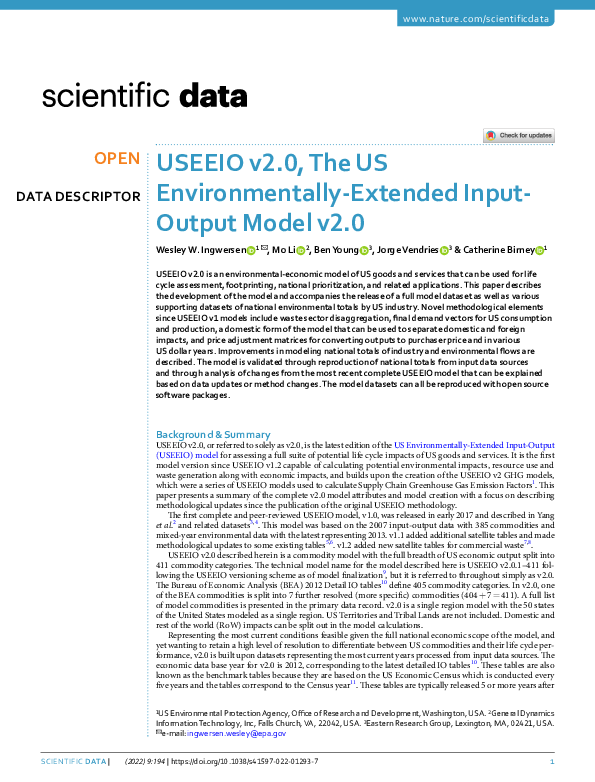 (PDF) USEEIO v2.0, The US Environmentally-Extended Input-Output Model v2.0