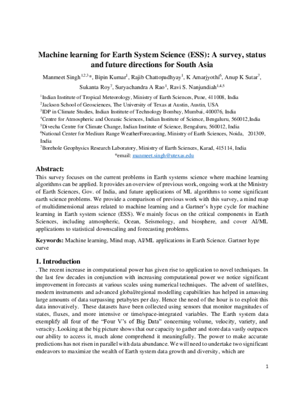 (PDF) Machine learning for Earth System Science (ESS): A survey, status ...