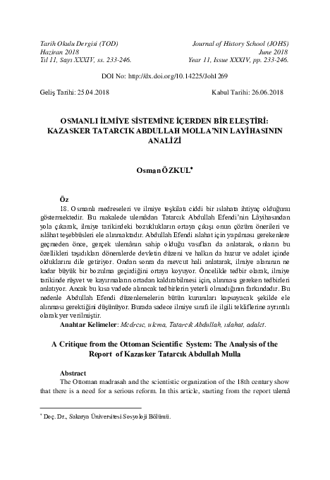 (PDF) Osmanli İlmi̇ye Si̇stemi̇ne İçerden Bi̇r Eleşti̇ri̇: Kazasker ...
