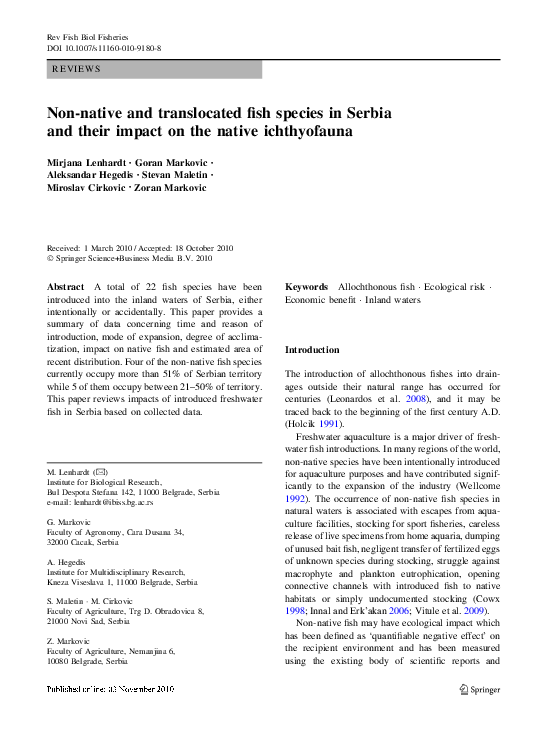 (PDF) Non-native and translocated fish species in Serbia and their ...