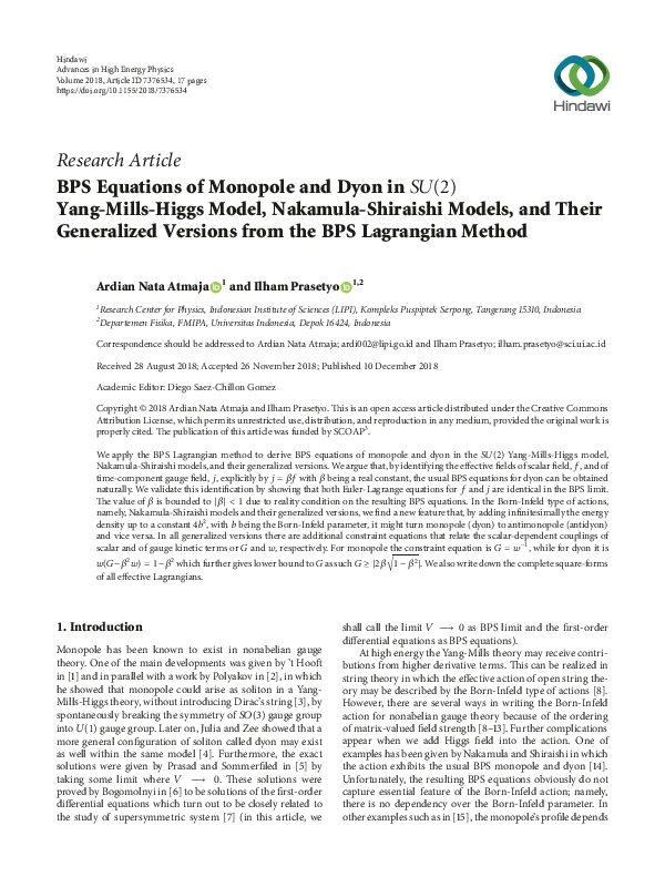 (PDF) BPS Equations of Monopole and Dyon in SU(2) Yang-Mills-Higgs Model, Nakamula-Shiraishi ...