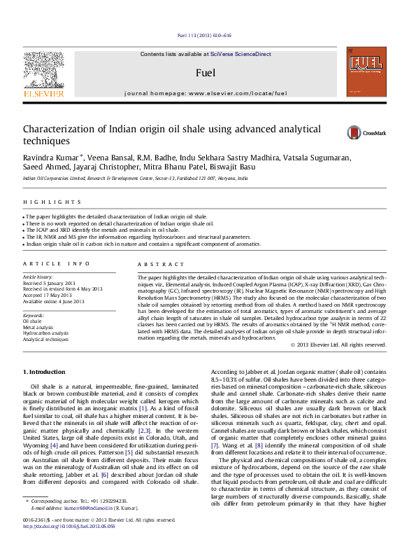 (PDF) Characterization of Indian origin oil shale using advanced ...
