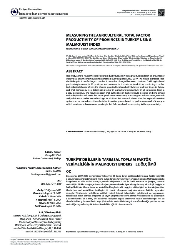 (PDF) MEASURING THE AGRICULTURAL TOTAL FACTOR PRODUCTIVITY OF PROVINCES IN TURKEY USING ...