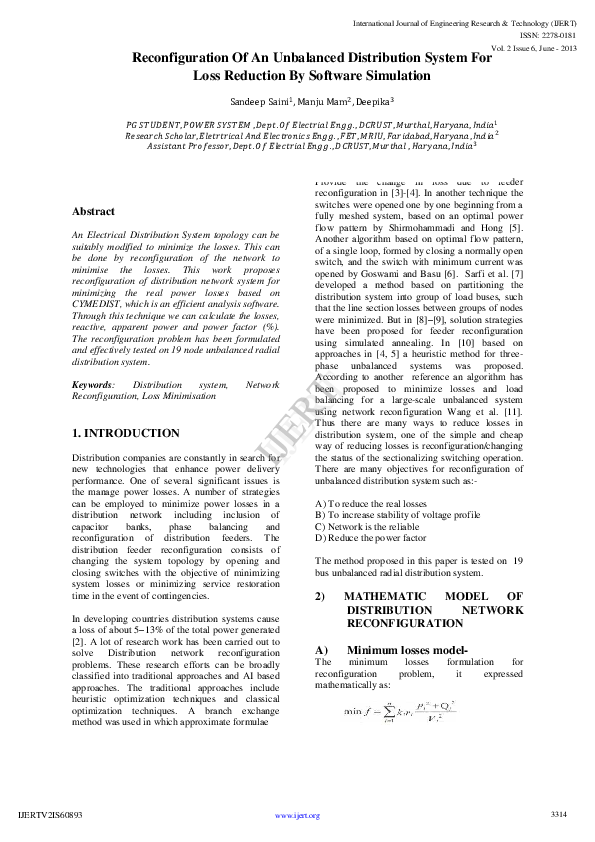 (PDF) Reconfiguration Of An Unbalanced Distribution System For Loss Reduction By Software Simulation