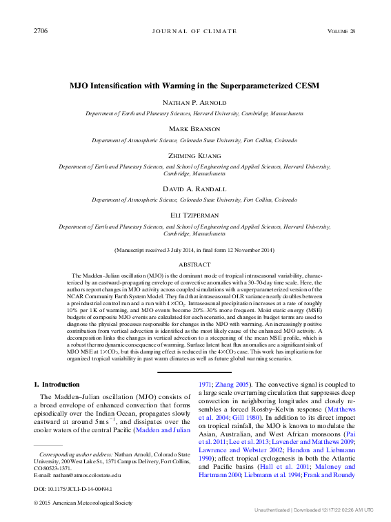 (PDF) MJO Intensification with Warming in the Superparameterized CESM