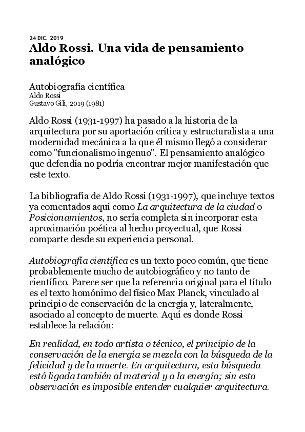 (PDF) Aldo Rossi. Una vida de pensamiento analógico