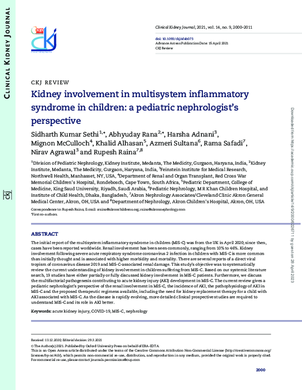(PDF) Kidney involvement in multisystem inflammatory syndrome in children: a pediatric ...