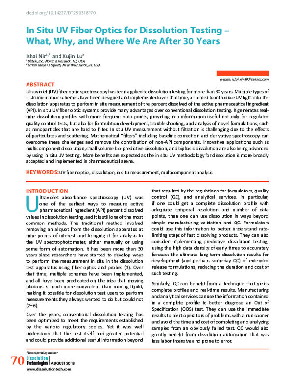 (PDF) In Situ UV Fiber Optics for Dissolution Testing – What, Why, and ...