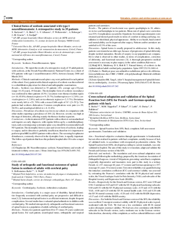 Pdf Cross Cultural Adaptation And Validation Of The Spinal Function Sort Sfs For French And