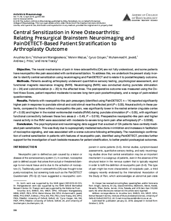 (PDF) Central Sensitization in Knee Osteoarthritis: Relating ...
