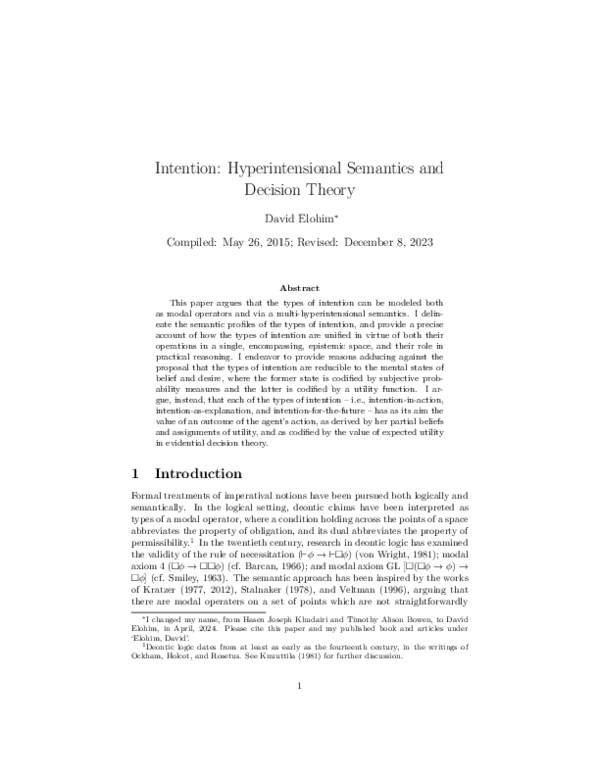 (PDF) Intention: Hyperintensional Semantics and Decision Theory